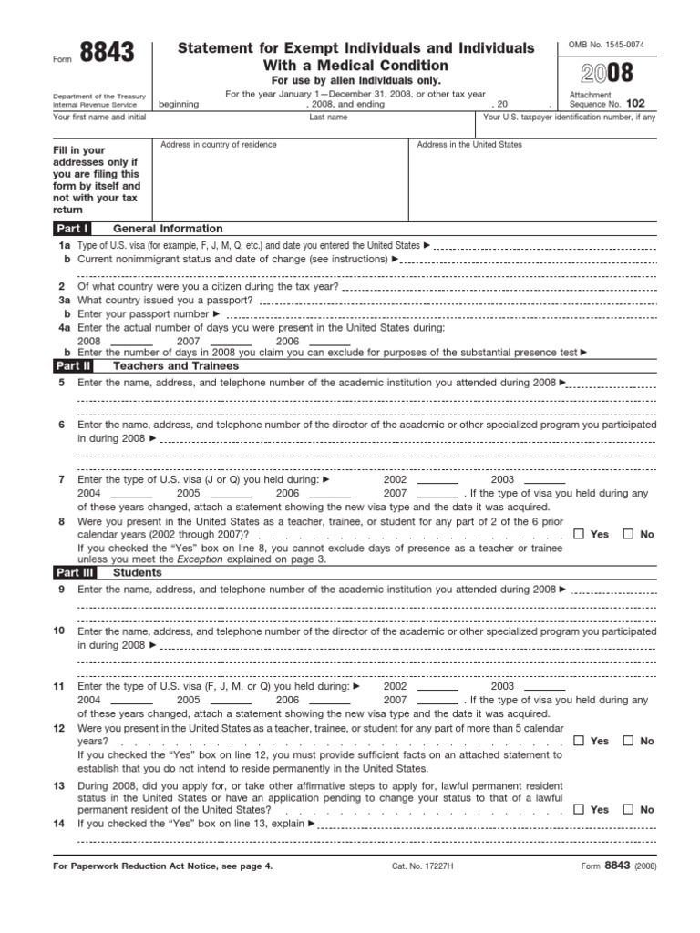 2008 Form 8843 Instructions - Released by The IRS Nov 25, 2008 | PDF ...