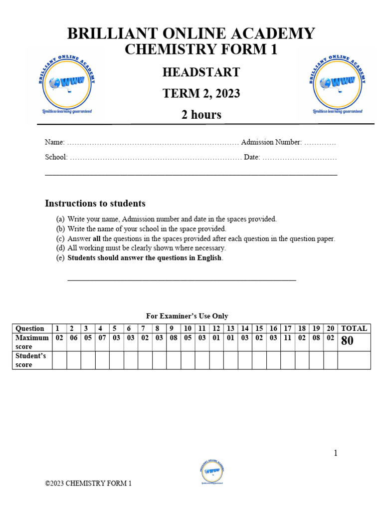Chemistry Headstart Form 1, 2023 | PDF | Chemistry | Chemical Substances