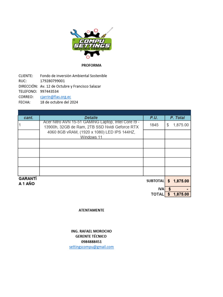 Profroma CompuSettings Acer Nitro | PDF