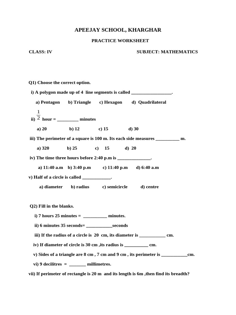 MATHS Practice Worksheet Class 2 | PDF | Circle | Elementary Geometry