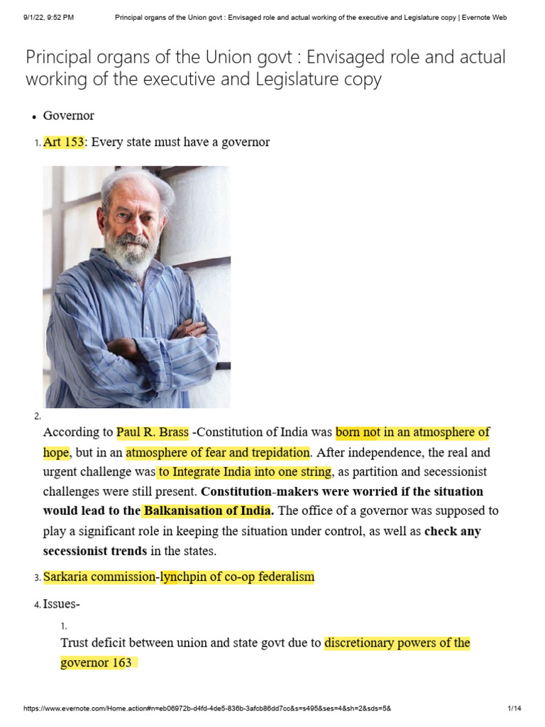 Principal Organs of The Union Govt - Envisaged Role and Actual Working ...