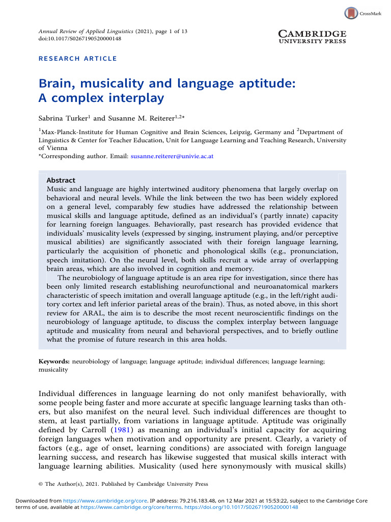 Turker & Reiterer, 2021 - Brain, Musicality and Language Aptitude-A ...