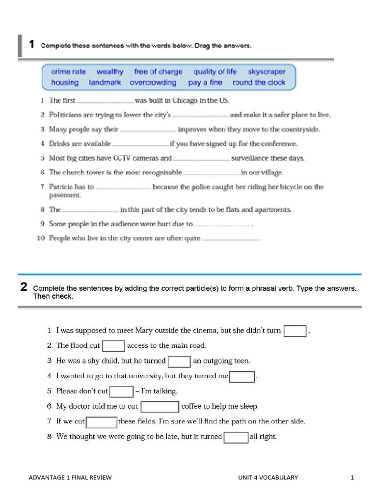 Advantage 1 Unit 4 Vocabulary Review | PDF