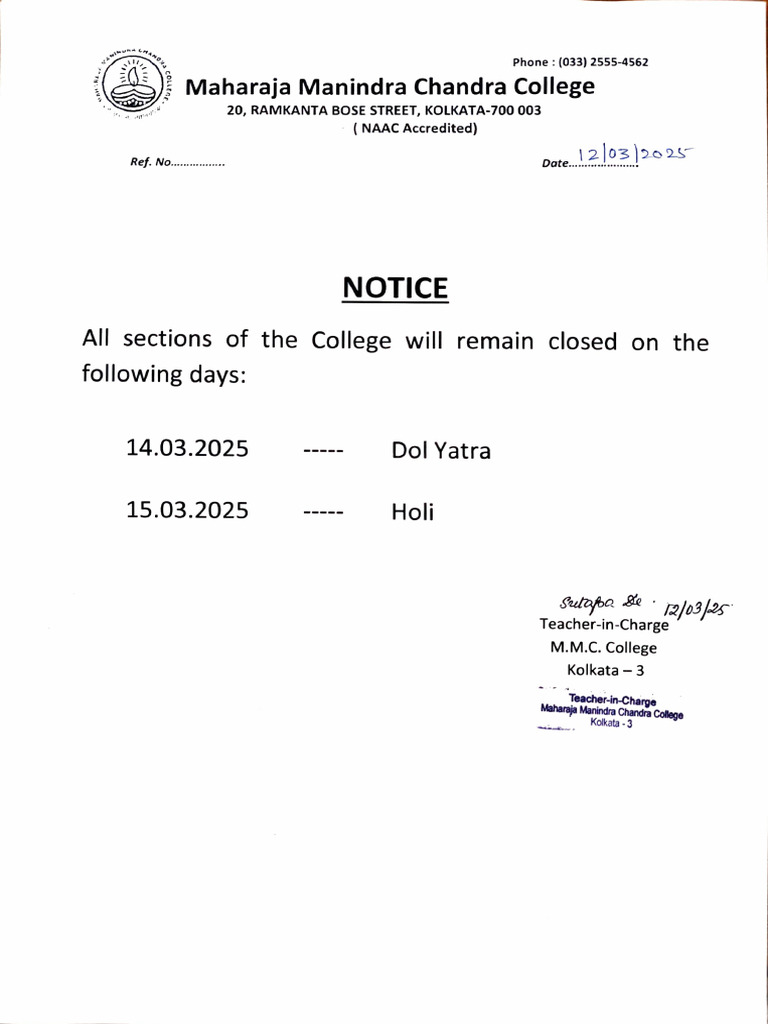 College Closure Notice for Holi 2025 | PDF