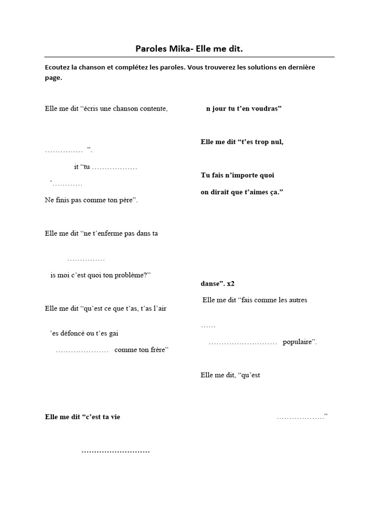 Paroles de "Elle me dit" de Mika | PDF