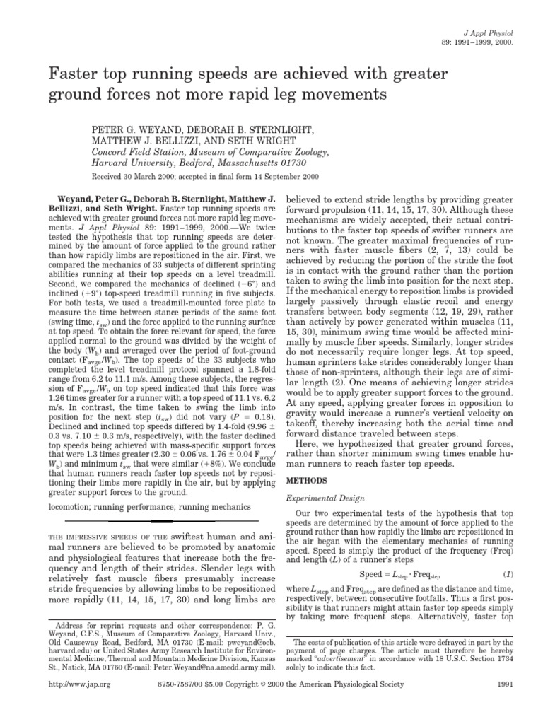 Weyand Et Al 2000 Faster Top Running Speeds Are Achieved With Greater ...