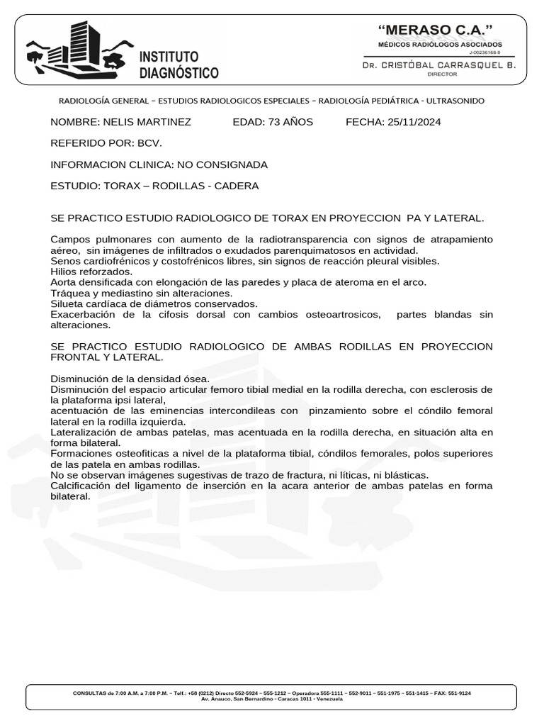 Informe de Estudios Radiológicos 73 Años | PDF | Rodilla | Anatomía del ...