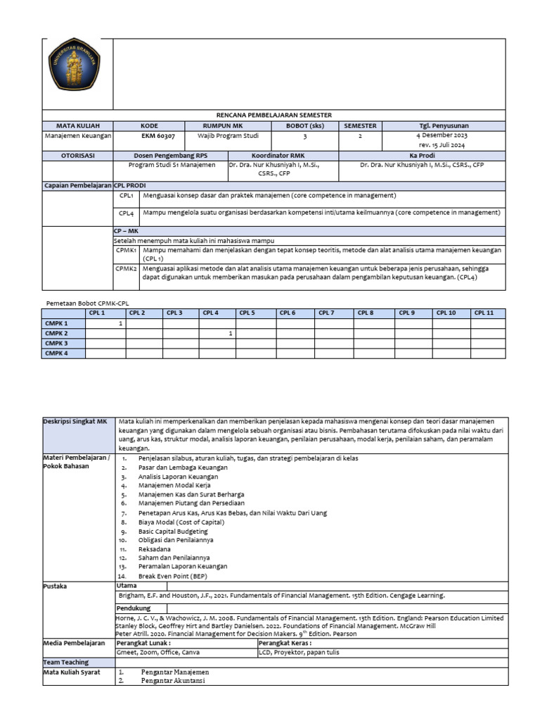 RPS Obe Final Manajemen Keuangan Rev 2024 | PDF