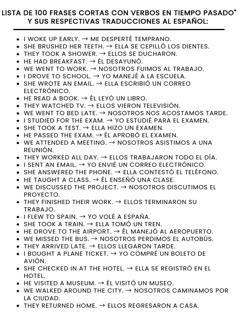 100 Frases Cortas Con Verbos en Tiempo Pasado | PDF