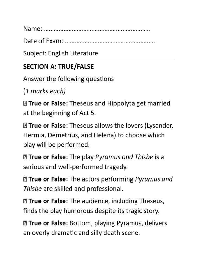 English Literature Test Act 5 Mide-Summer Night Dream | PDF