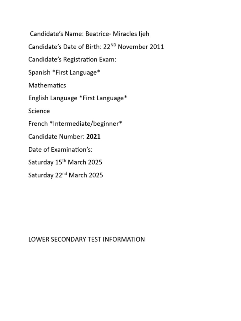 Lower Secondary Test Information | PDF