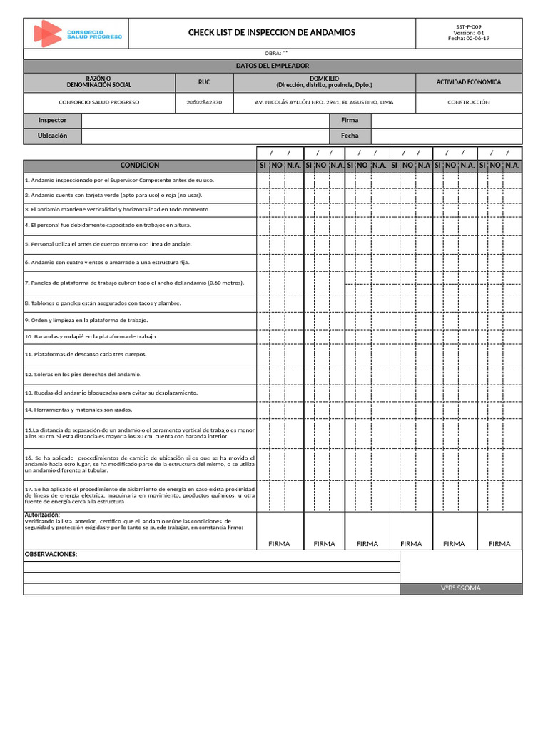 SST-F-009 - Check List de Andamios | PDF | Andamio