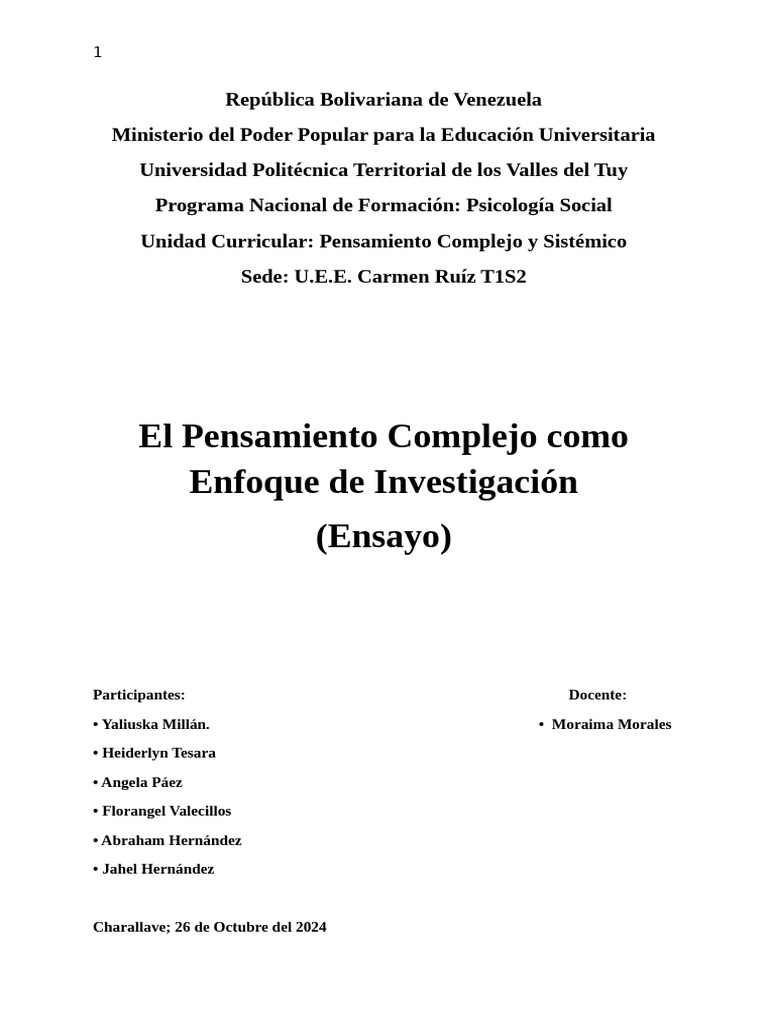 Pensamiento Complejo y Sistémico - Ensayo | PDF | Pensamiento | Sicología