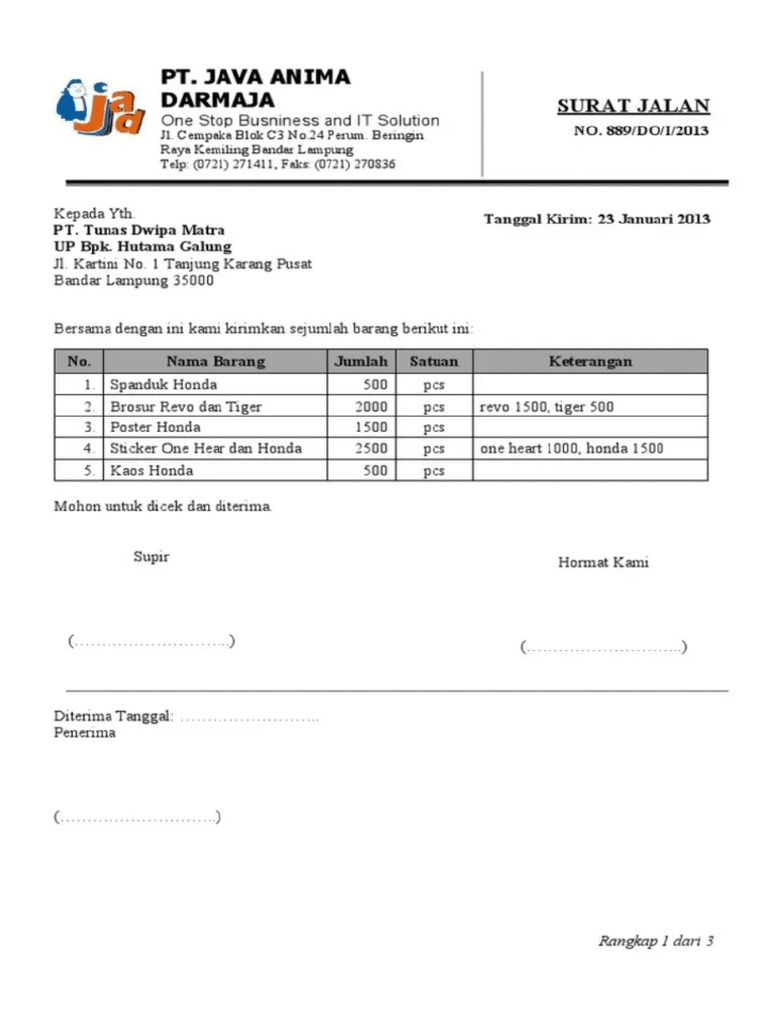 Contoh Surat Jalan Toko Sparepart 768x1022 | PDF