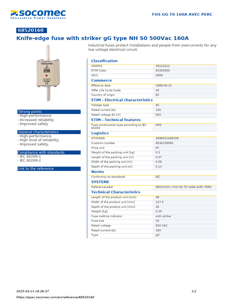 Fus GG t0 160a Avec Perc 68520160 | PDF | Fuse (Electrical) | Electricity