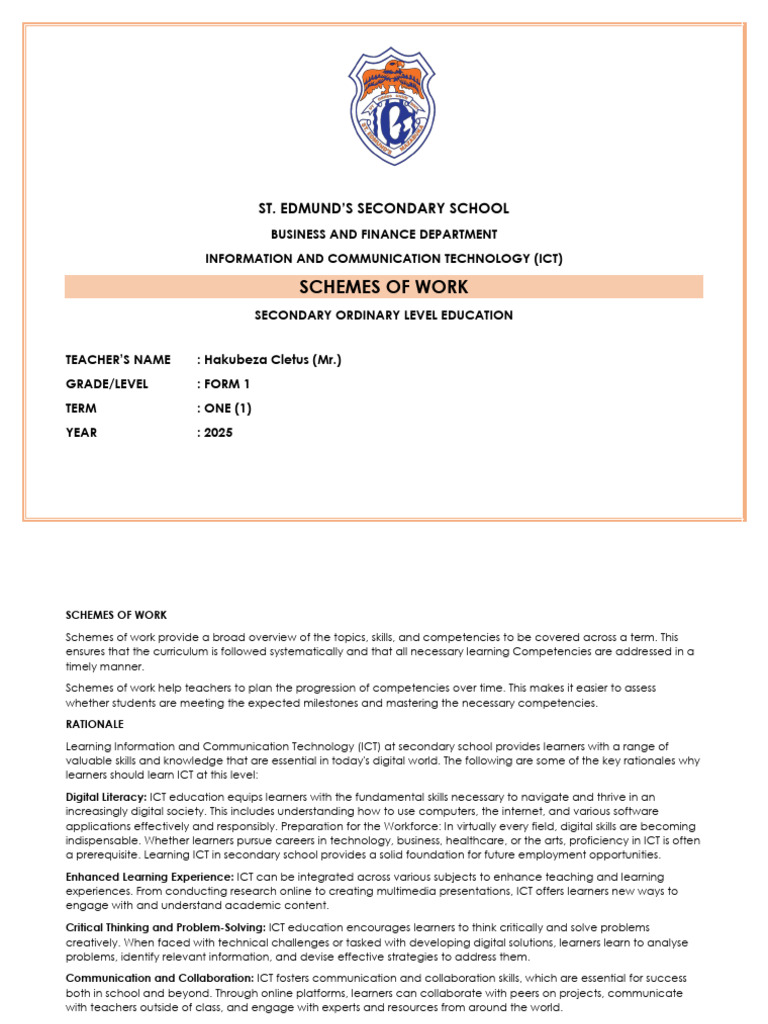 EDITED ICT Schemes Form 1, Term 1 2025 - C | PDF | Educational Technology | Computer Hardware