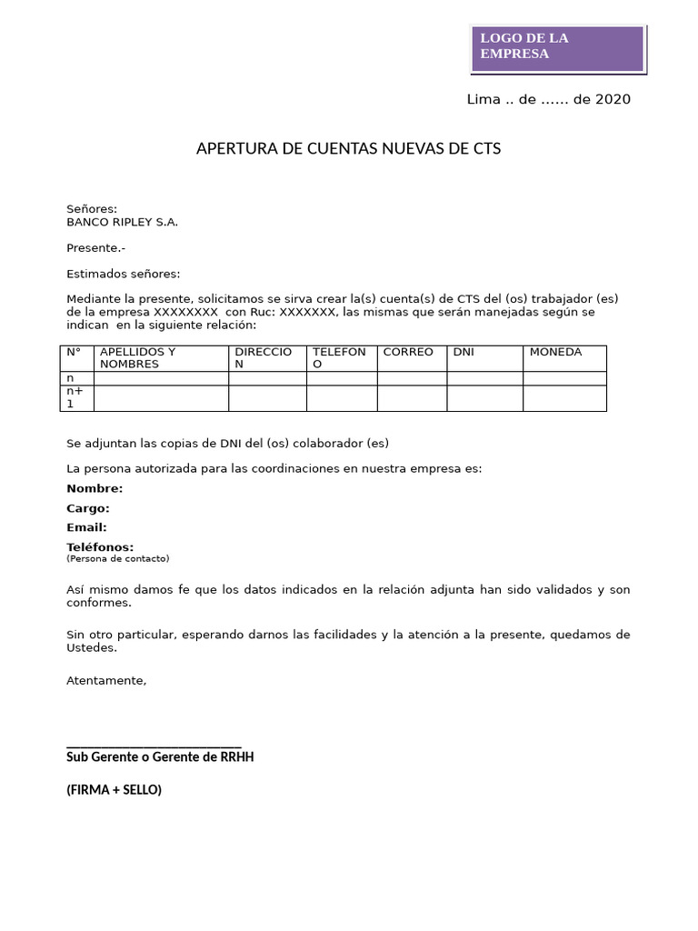 Carta Modelo Apertura Cts Individual Masiva | PDF