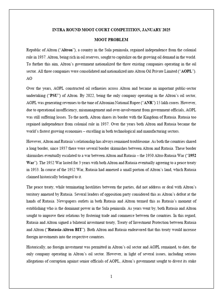 Intra Round, January 2025 - Moot Problem | PDF | Arbitration