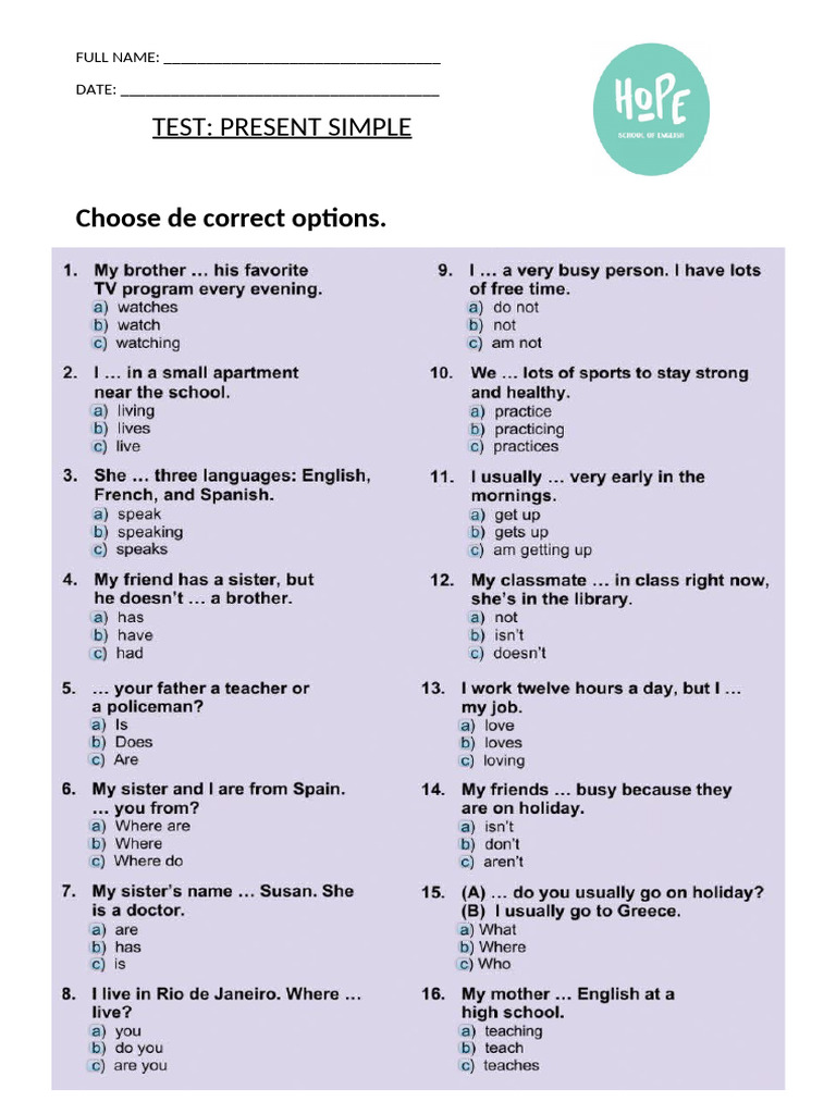 Present Simple Test Questions | PDF