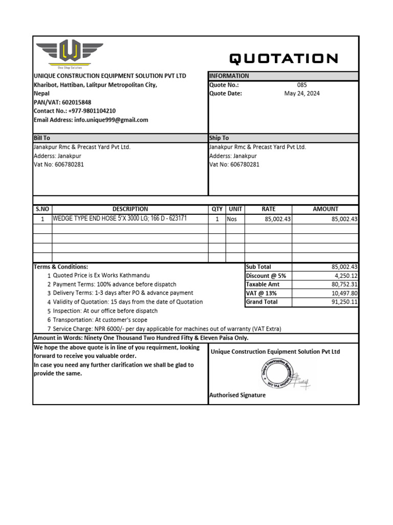 Construction Equipment Quotation Nepal | PDF