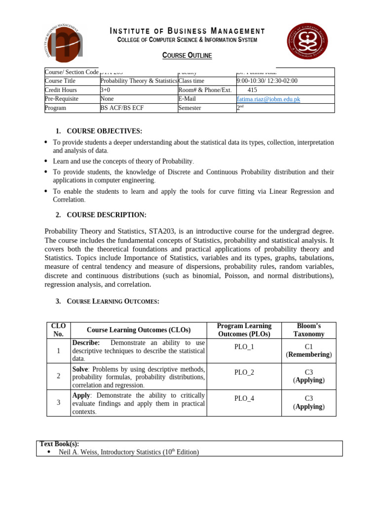 PTS (STA 203) - Course Outline | PDF | Probability Distribution | Statistics