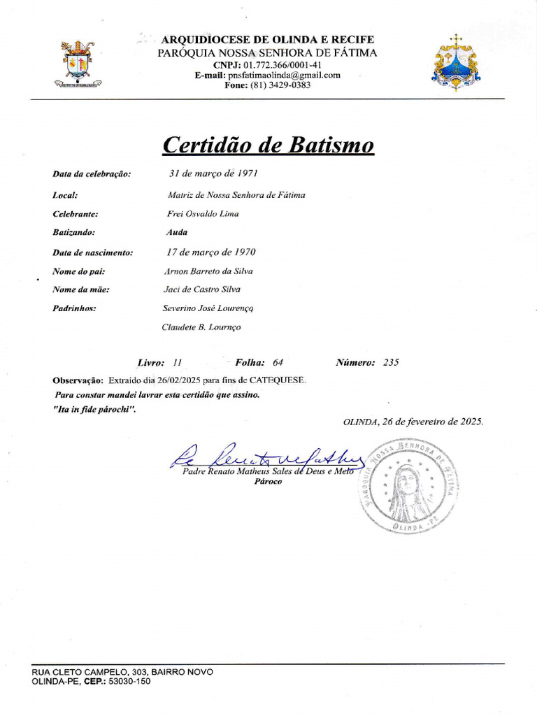 Certidão de Batismo de AUDA | PDF
