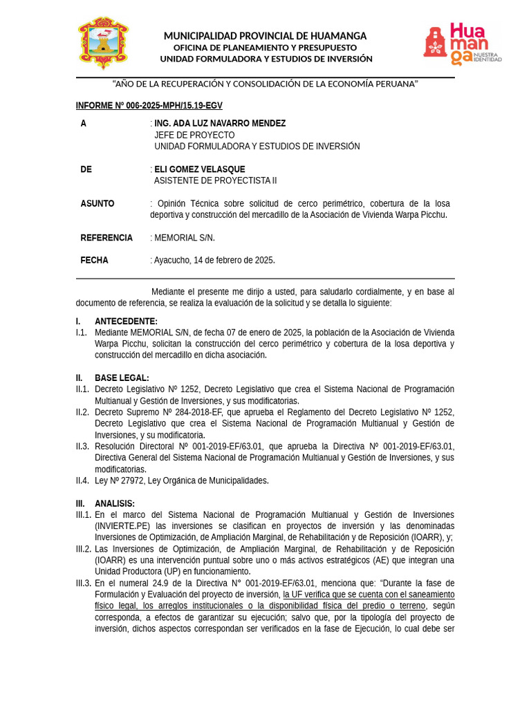 Informe sobre Proyecto en Warpa Picchu | PDF