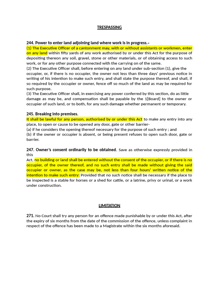 Cantonment Act: Land Entry Regulations | PDF