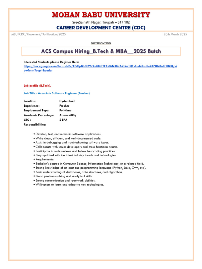 ACS Campus Hiring - BTech & MBA - 2025 Batch - Notification | PDF ...