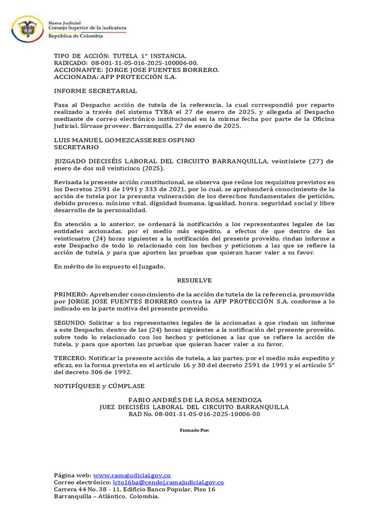 Radicado 08-001-31-05-016-2025-100006-00. | PDF | Gobierno | Justicia