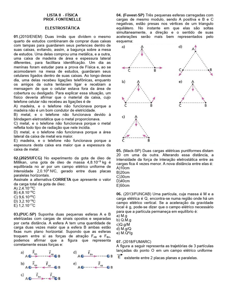 Lista II - For-a e Campo El-trico - com gabarito.docx (1) | PDF | Campo ...