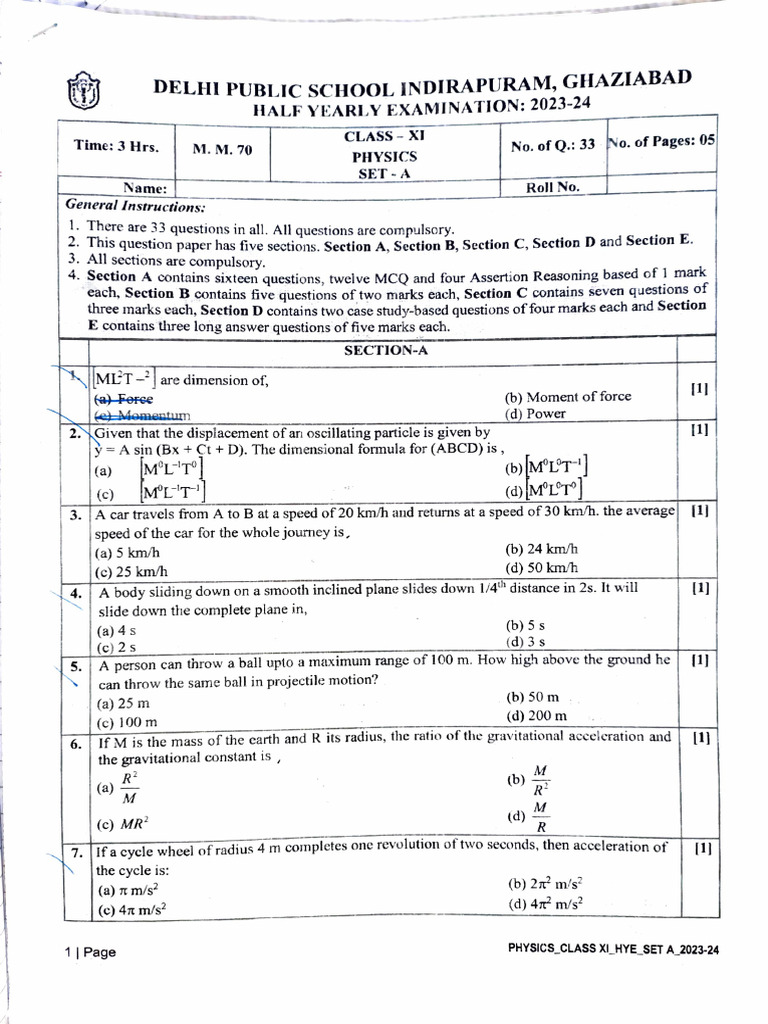 Dps Indirapuram Half Yearly Paper | PDF | Rotation Around A Fixed Axis ...