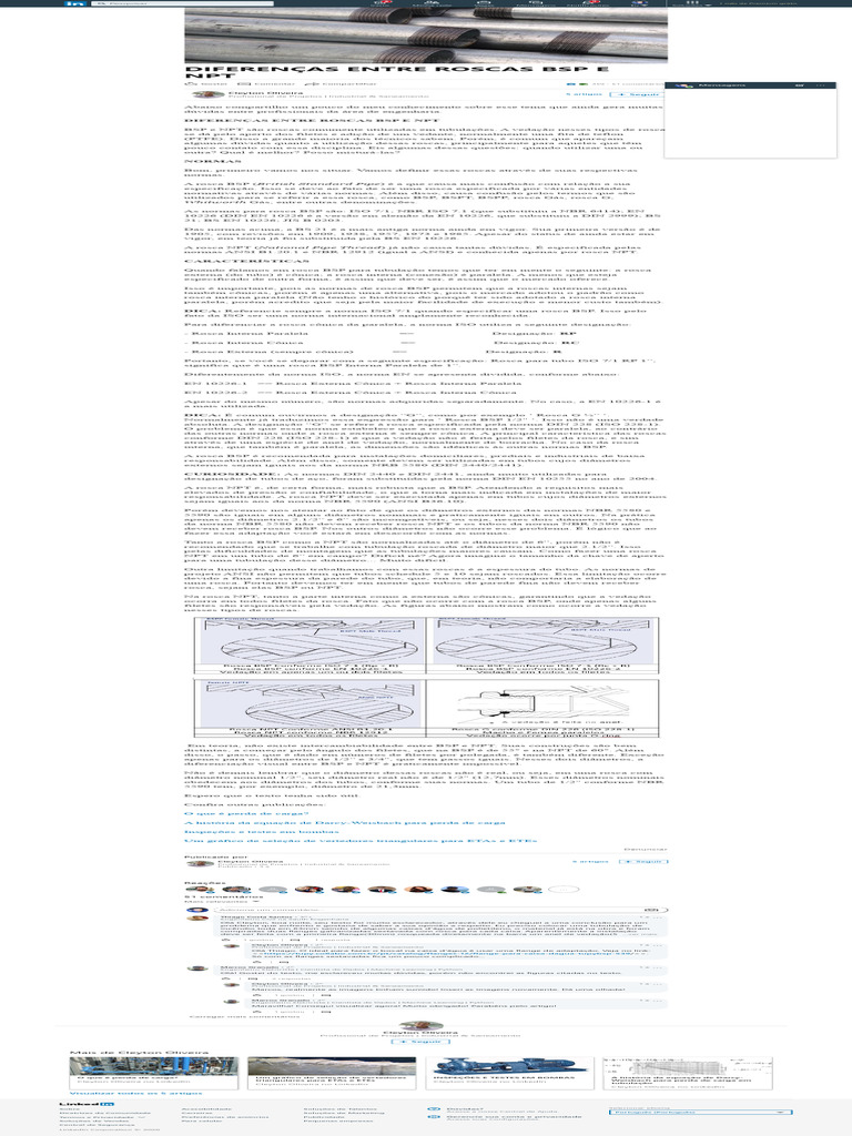 DIFERENÇAS ENTRE ROSCAS BSP E NPT - LinkedIn | PDF | Engenharia Mecânica