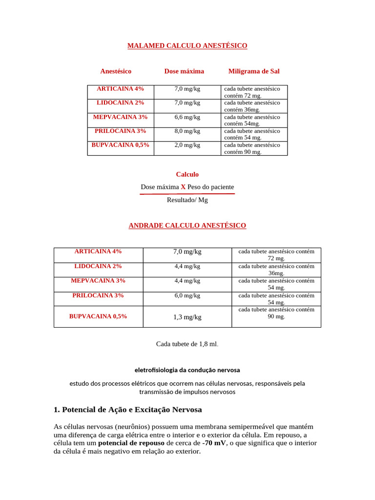 Cálculo de Anestésicos e Eletrofisiologia | PDF | Potencial de ação ...