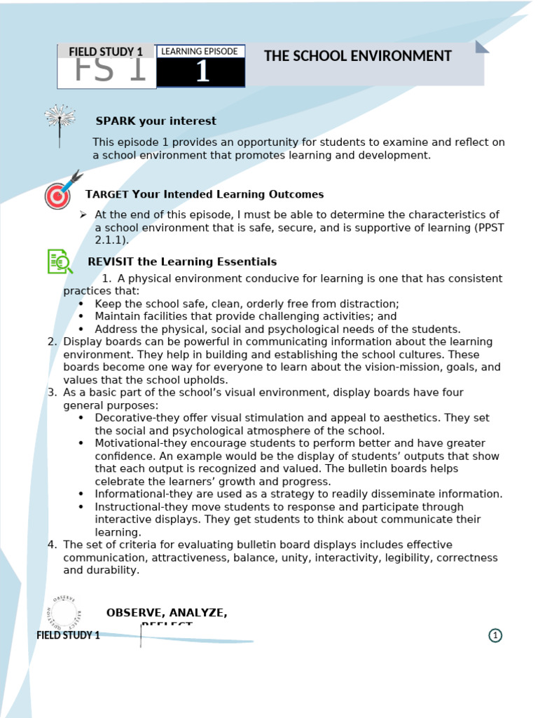 Field Study 1 Learning Episode 1 | PDF | Learning | Classroom