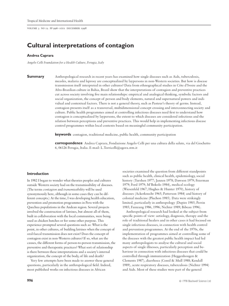 Tropical Med Int Health - 2002 - Caprara - Cultural Interpretations of Contagion | PDF ...