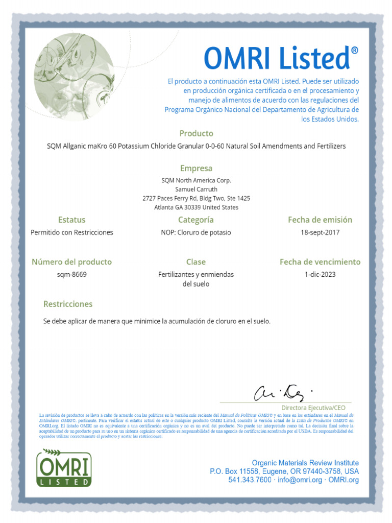 OMRI - Allganic MaKro 60 Potassium Chloride Granular 0-0-60 - sqm-8669 ...