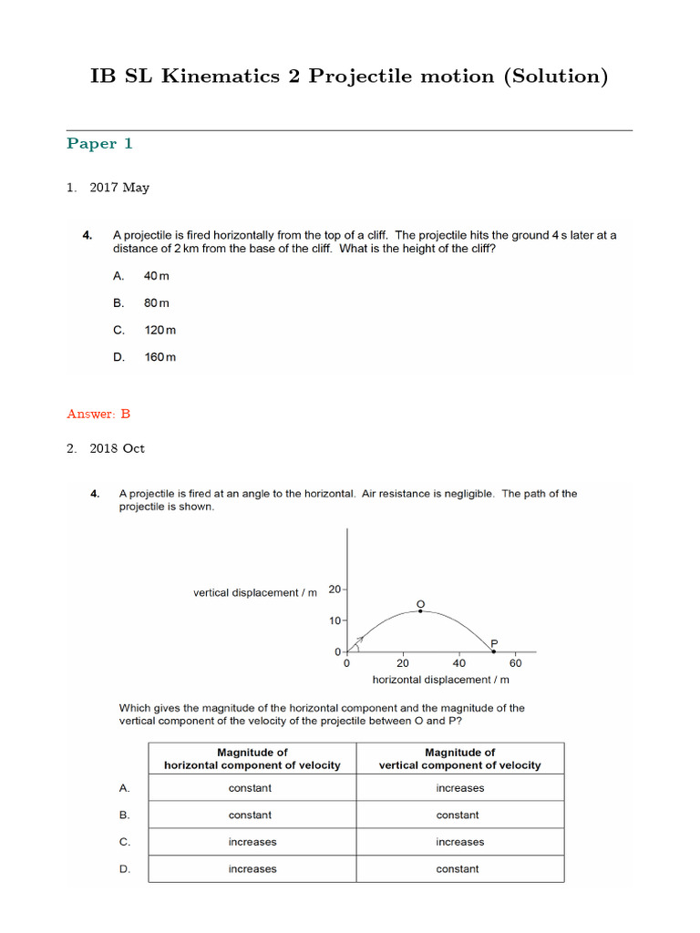 IB SL Kinetmatics1 ProjectileMotion Sol | PDF