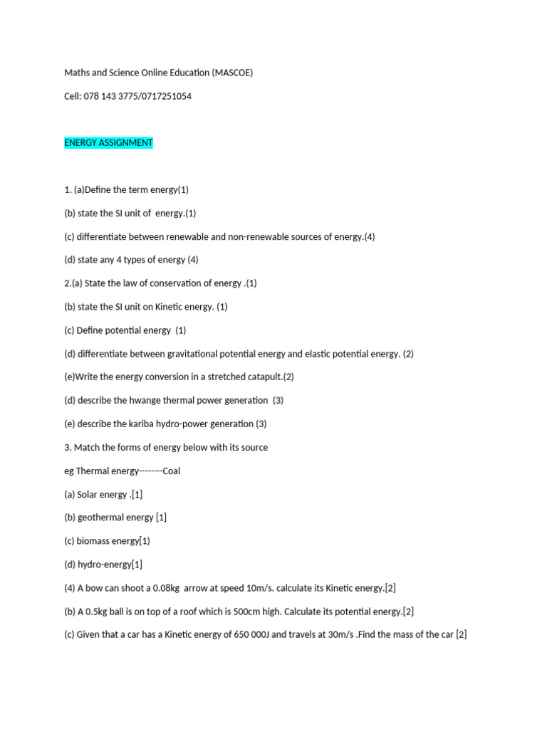Energy Assignment Combined Science MASCOE | PDF