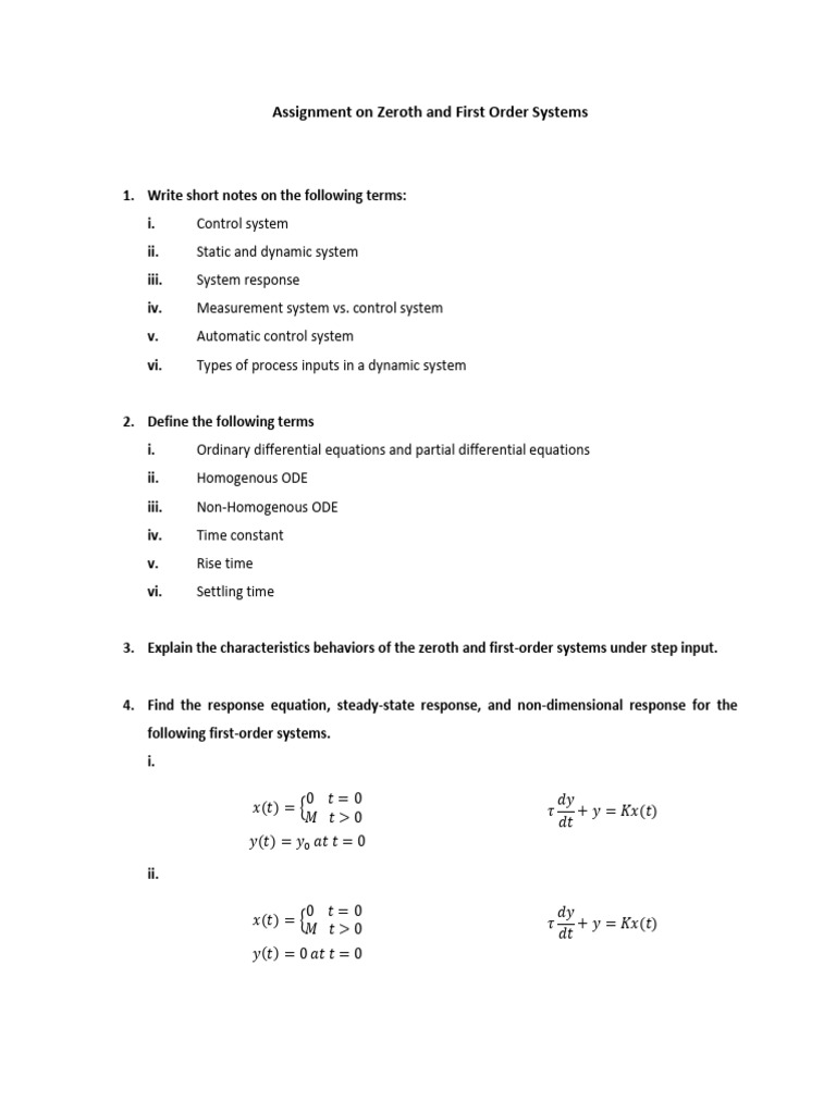 QsnAssignment On Zeroth and First Order Systems | PDF