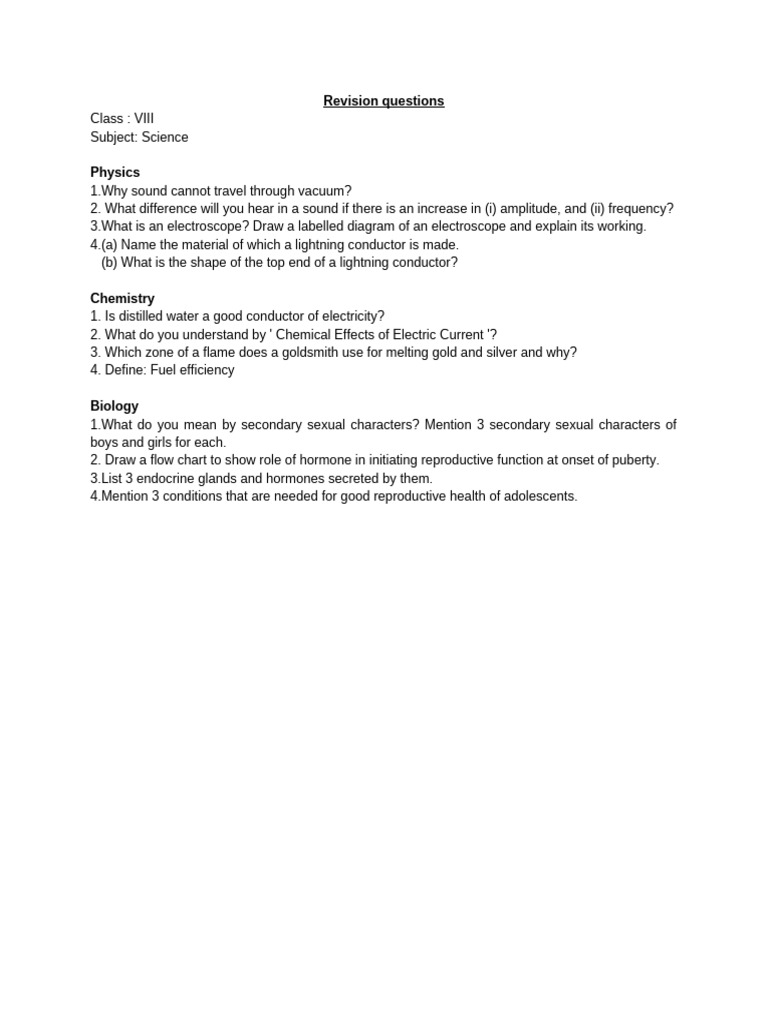 Class 8 Science Revision Questions | PDF