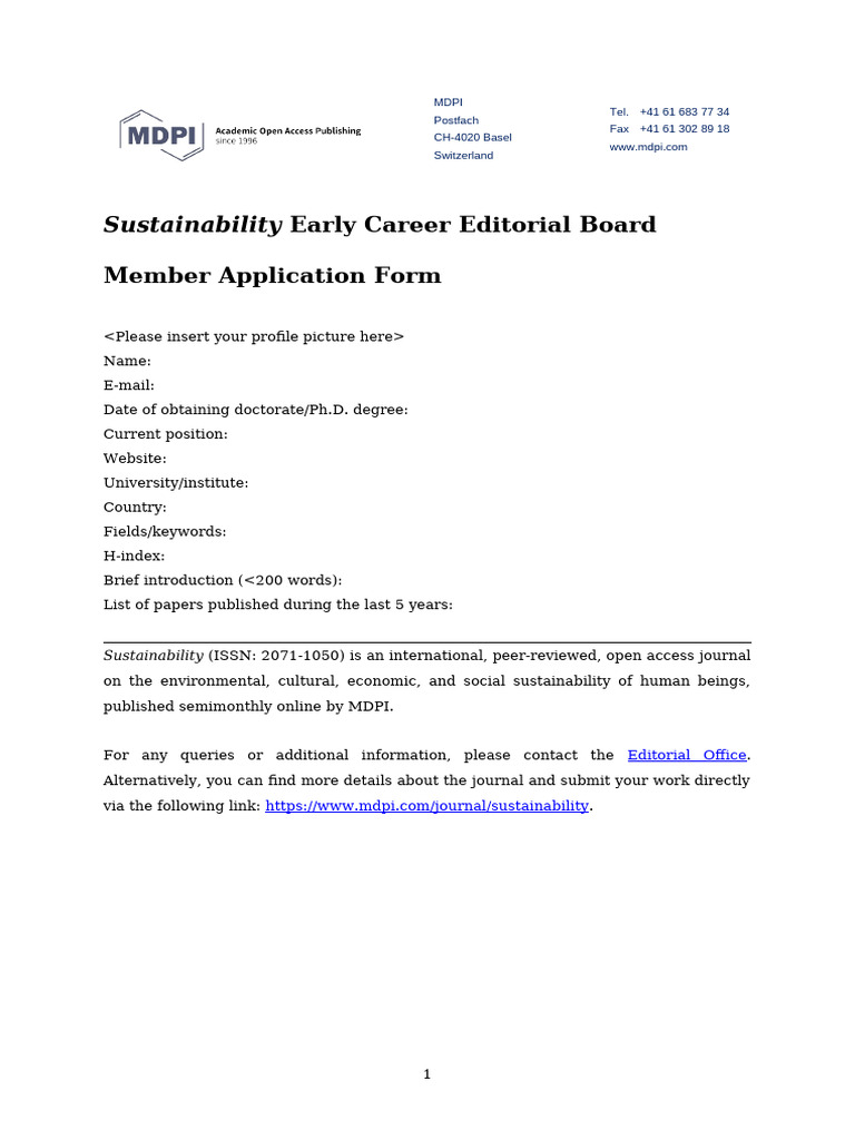 Sustainability Editorial Board Application | PDF