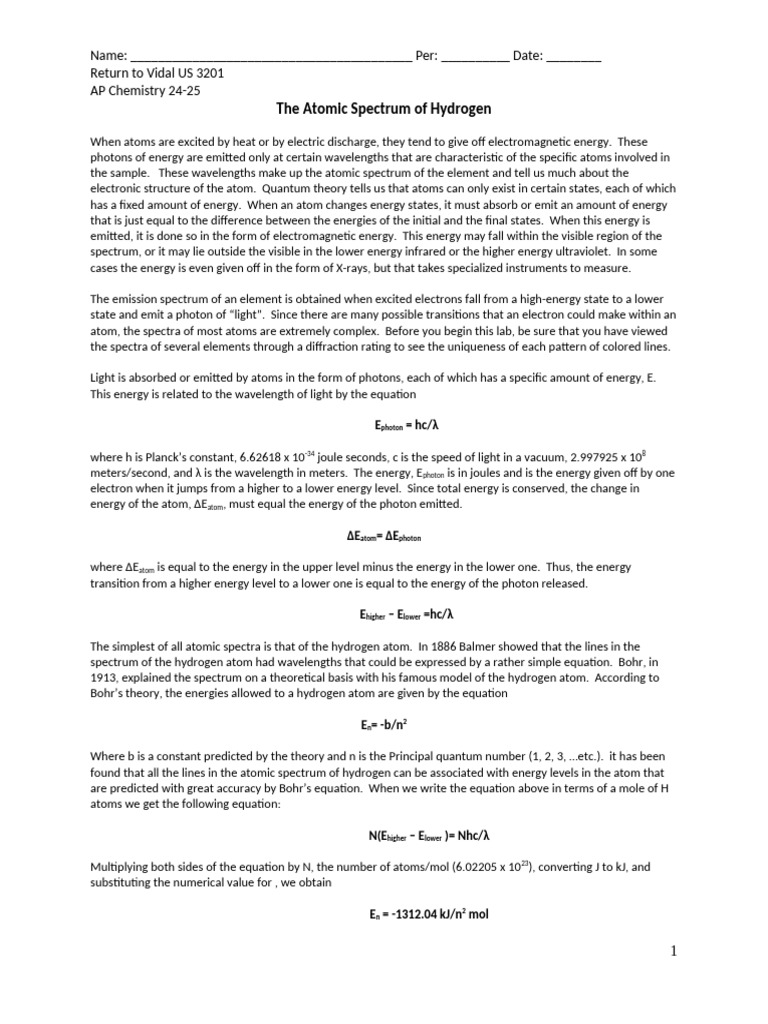 LAB Atomic Spectrum Hydrogen.doc | PDF | Emission Spectrum ...