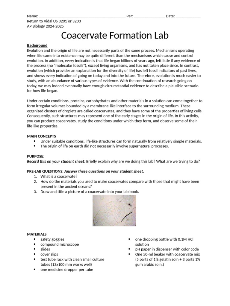 Lab Coacervate Formation (1) | PDF | Abiogenesis | Evolution