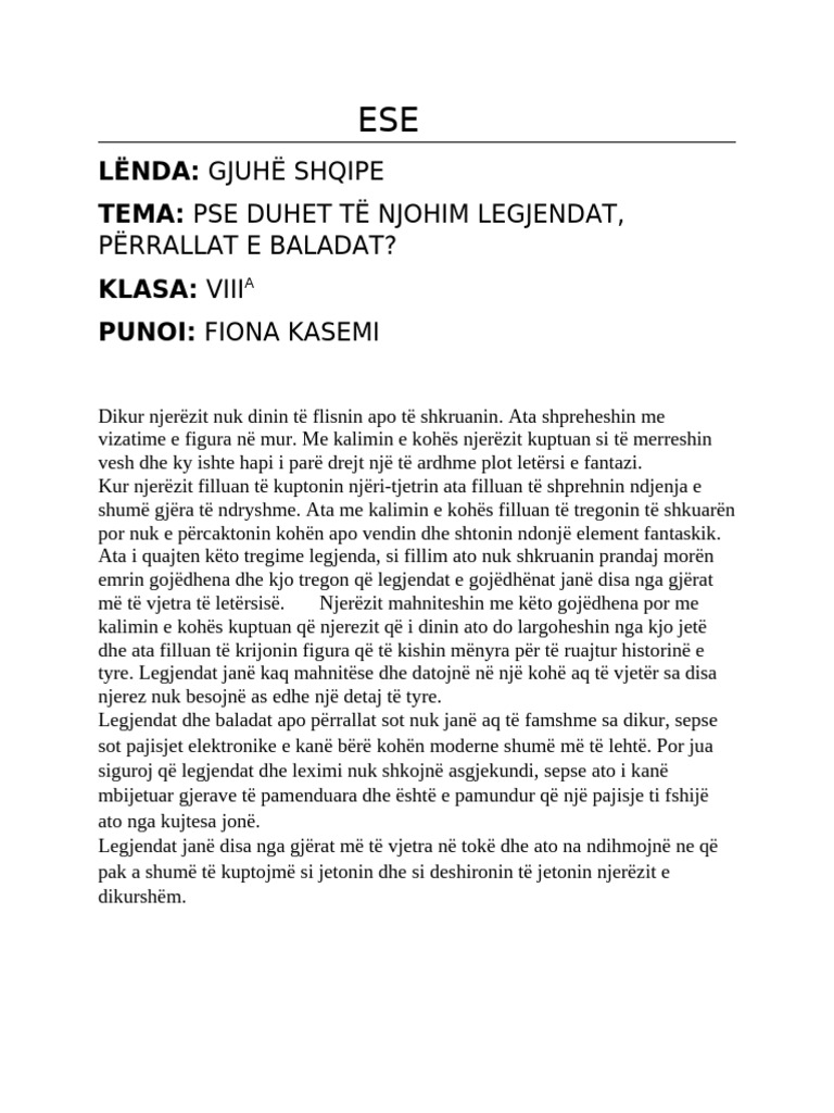 ESE Pse Duhet Ti Njohim Legjendat Perrallat e Baladat | PDF