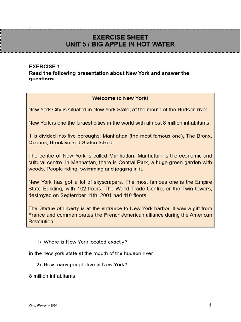 Léonel Thomas - Feuillet Exercices Unit 5 - Big Apple in Hot Water (4e) | PDF | Manhattan ...