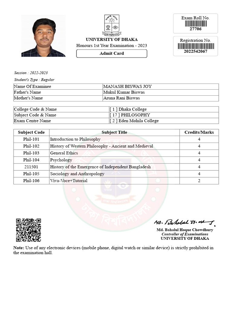 Student.7college - Du.ac - BD Students Print Admit - PHP Exam Id 62 | PDF