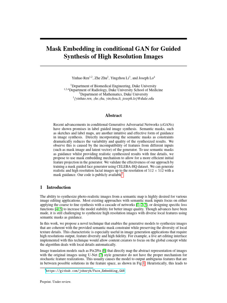 Mask Embedidng in Conditional Gan for Guided Synthesis of High Resolutiion Images | PDF