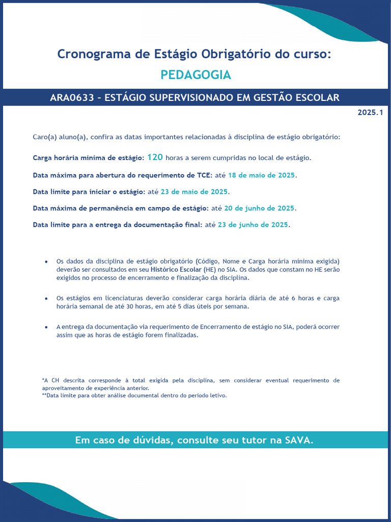 Cronograma de Est Gio em PEDAGOGIA ARA0633 | PDF