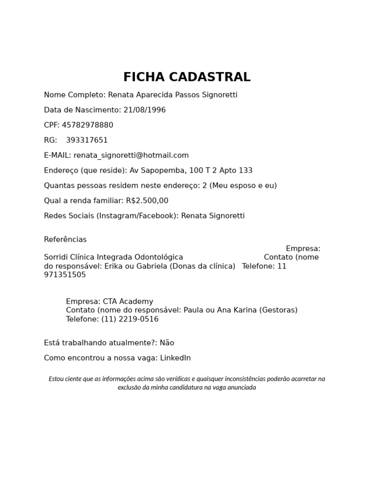 FICHA CADASTRAL (EMPRESA) - MODELO - Renata Signoretti | PDF